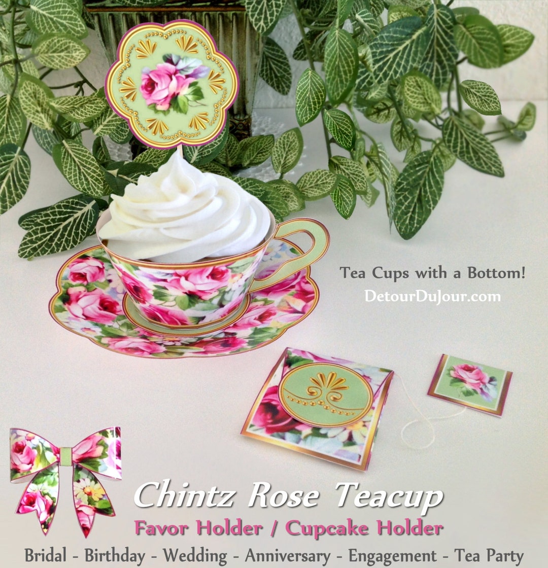 Paper Tea Cup and Saucer Pink Rose Chintz, PRINTABLE Teacup Cupcake ...
