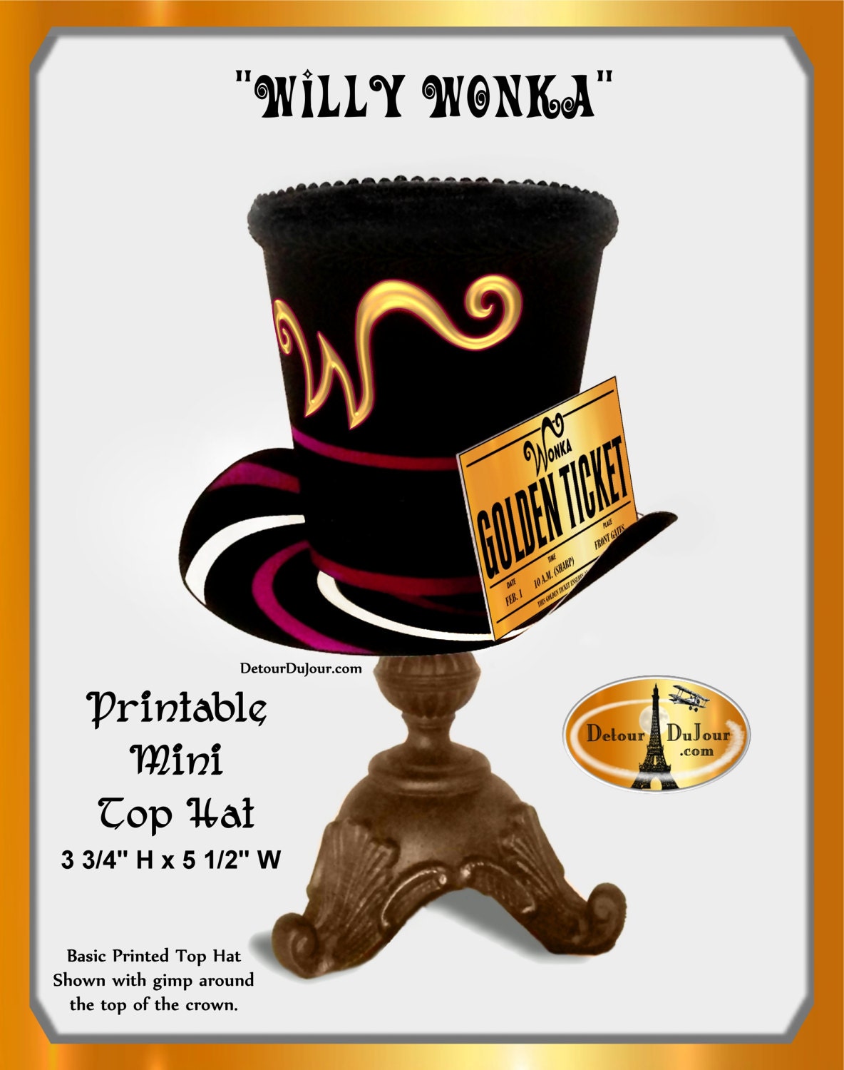 PRINTABLE Willy Wonka Hat Halloween Top Hat Willy Wonka Golden - Etsy ...
