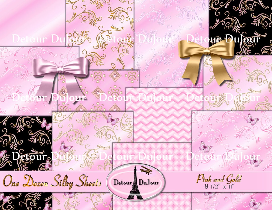 Elegant Digital Paper Pack, 12 Pink & Gold Silky Printable Papers ...