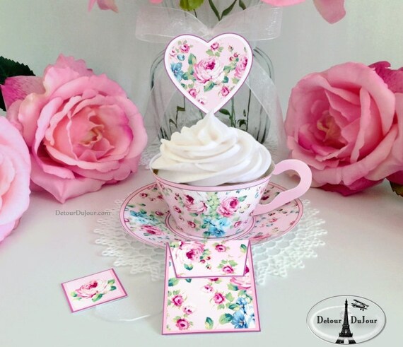 Paper Tea Cup PRINTABLE Pink Paper Tea Cup Floral Rose | Etsy