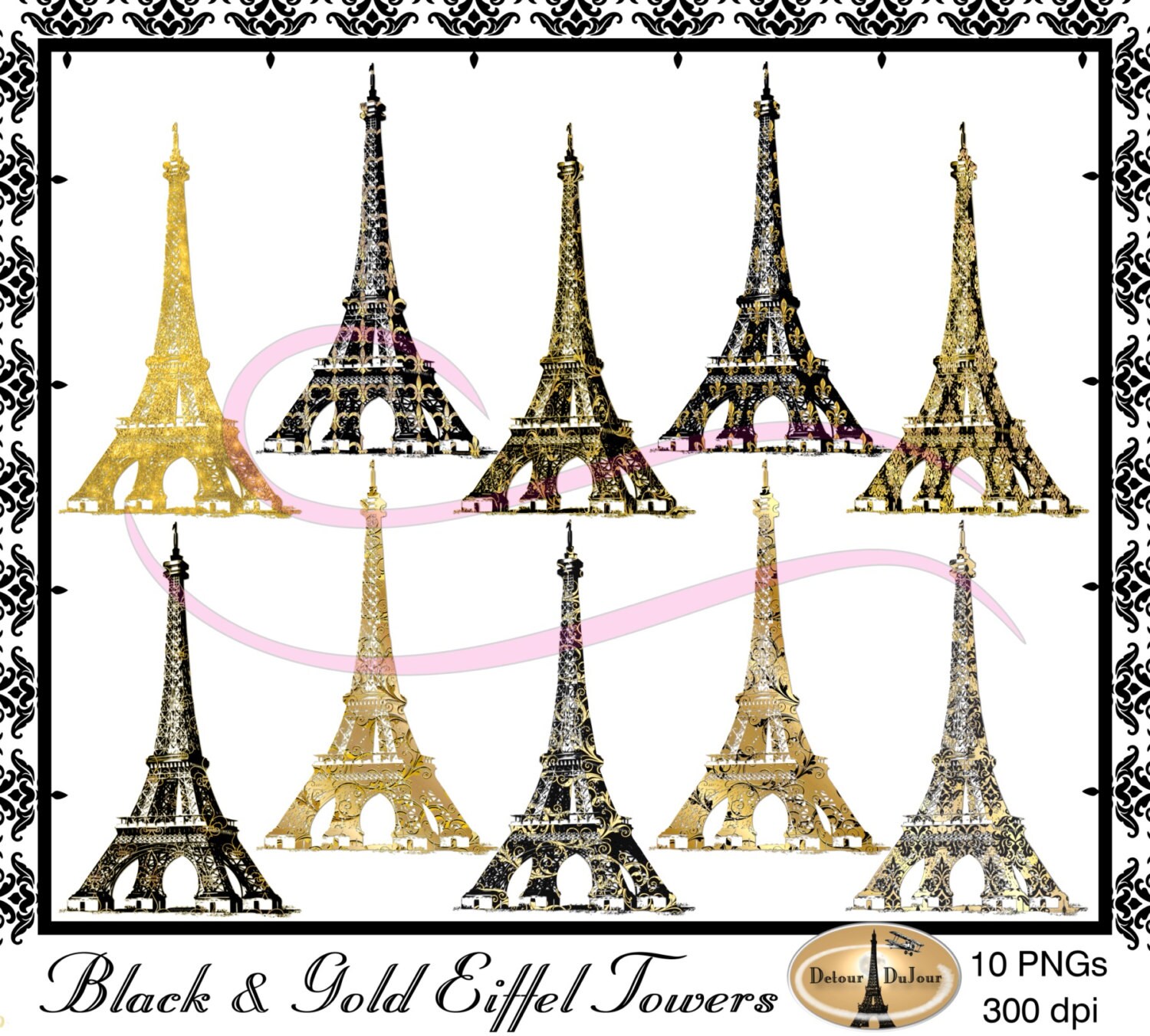 10 Paris Clip Art Clipart Designs, Eiffel Tower Clipart, Black Gold ...