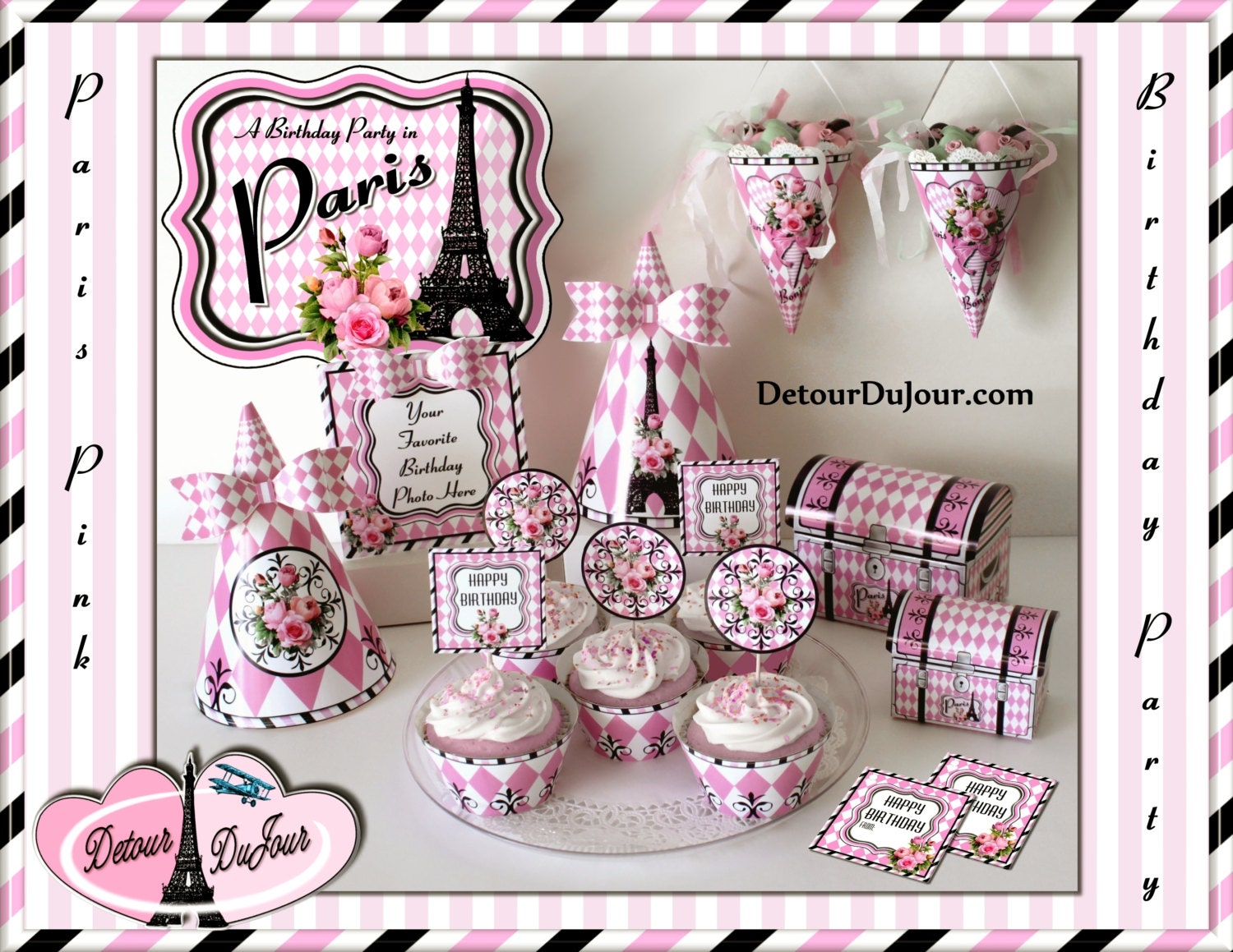 Digital Paris Party Printable Birthday Pack, Pink and Black Paris Party ...