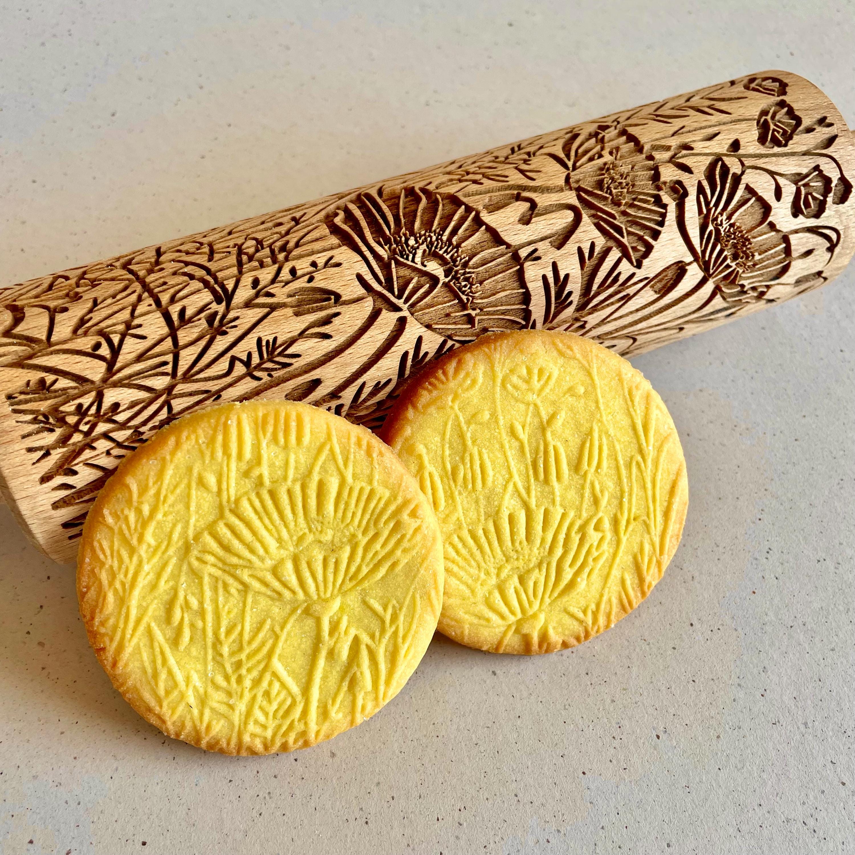 WILD POPPIES Pattern Embossing Rolling Pin. Engraved Wooden Dough ...
