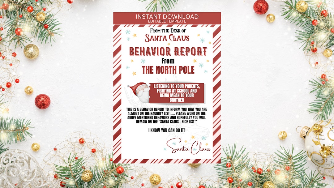 Editable North Pole Behavior Report From Santa Claus - Instant Download ...