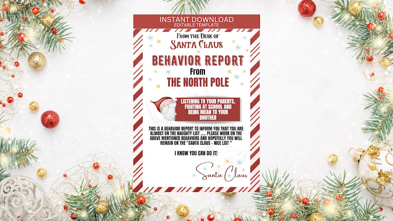Editable North Pole Behavior Report From Santa Claus - Instant Download ...