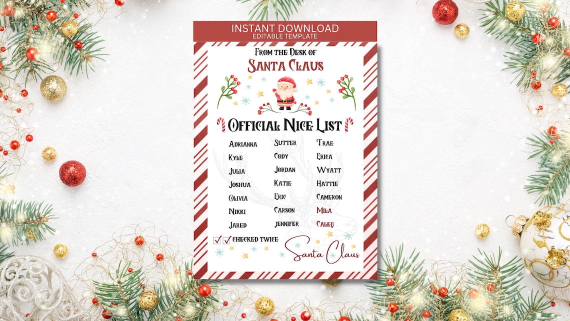 Editable Santa Claus Official Nice List - Instant Download - Etsy