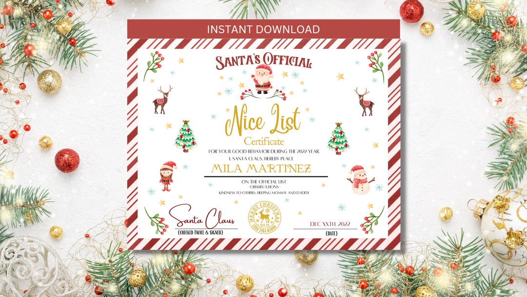 Santa Nice List Certificate Editable Template Printable Instant ...