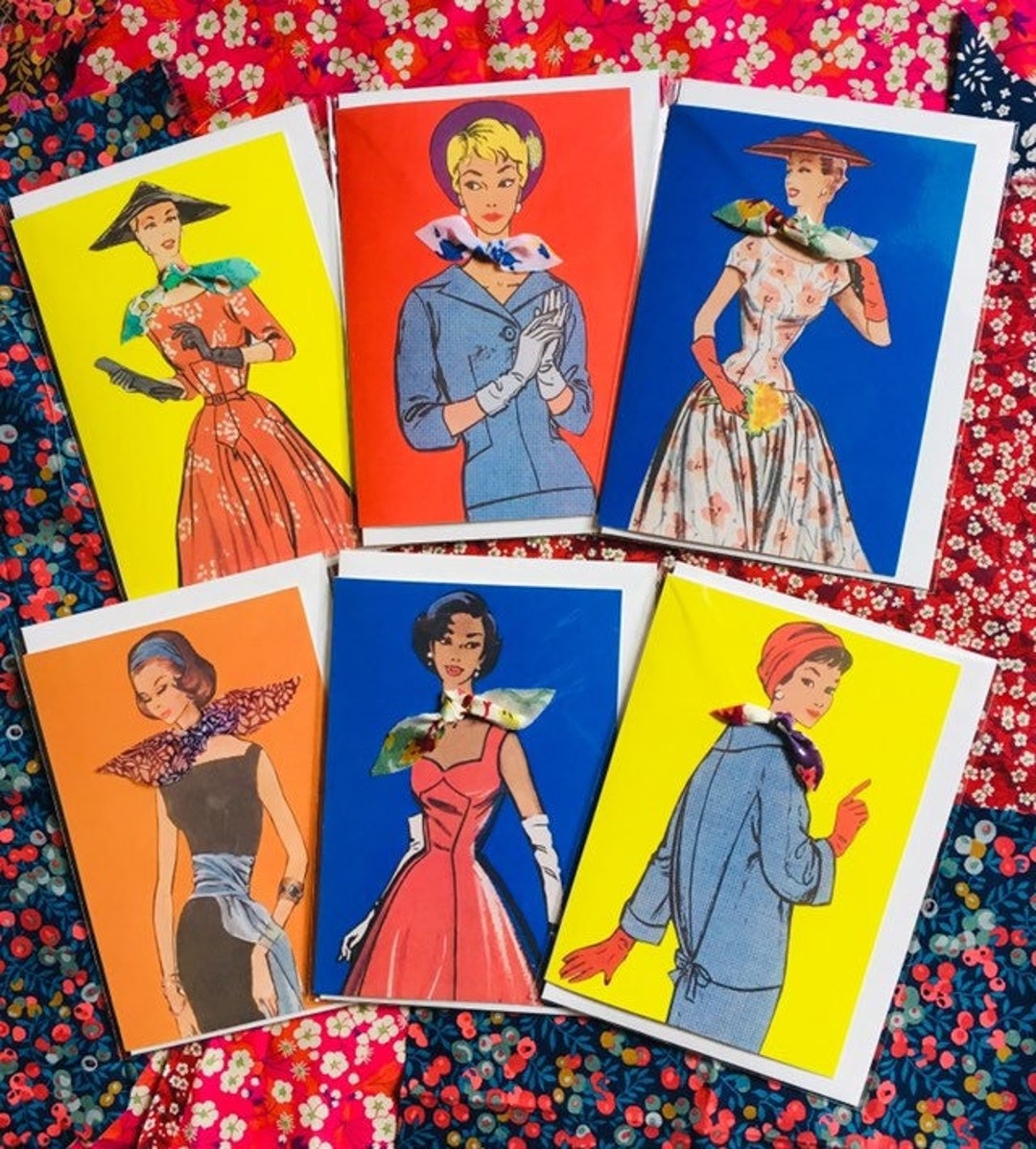 Vintage Fashion Cards, Retro Chic, Real Silk Liberty Scarves, Elegant ...