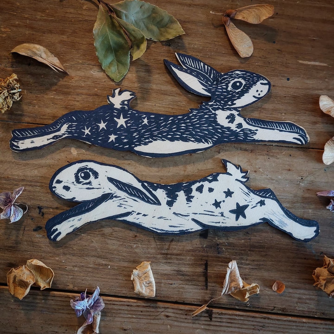 Handmade Linocut Print on Wood Rabbit Hare Decoration NO STARS - Etsy