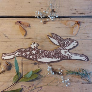 Handmade Linocut Print on Wood Rabbit Hare Decoration With Copper Stars ...
