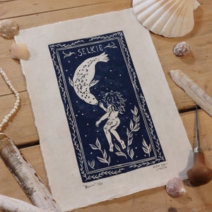 Handmade Limited Edition A4 Linocut Print of a Selkie and Seal 'return ...