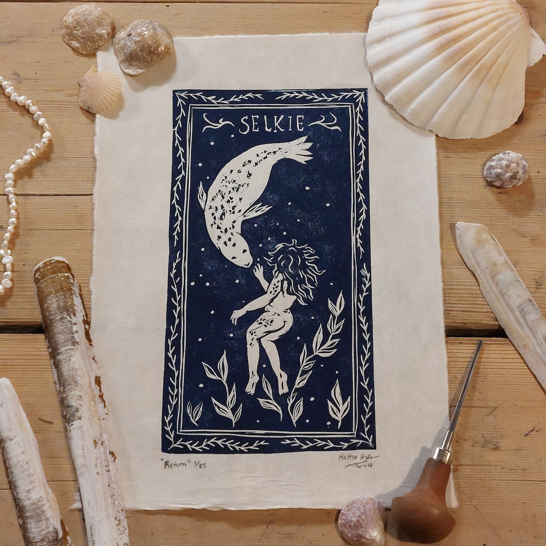 Handmade Limited Edition A4 Linocut Print of a Selkie and Seal 'return ...