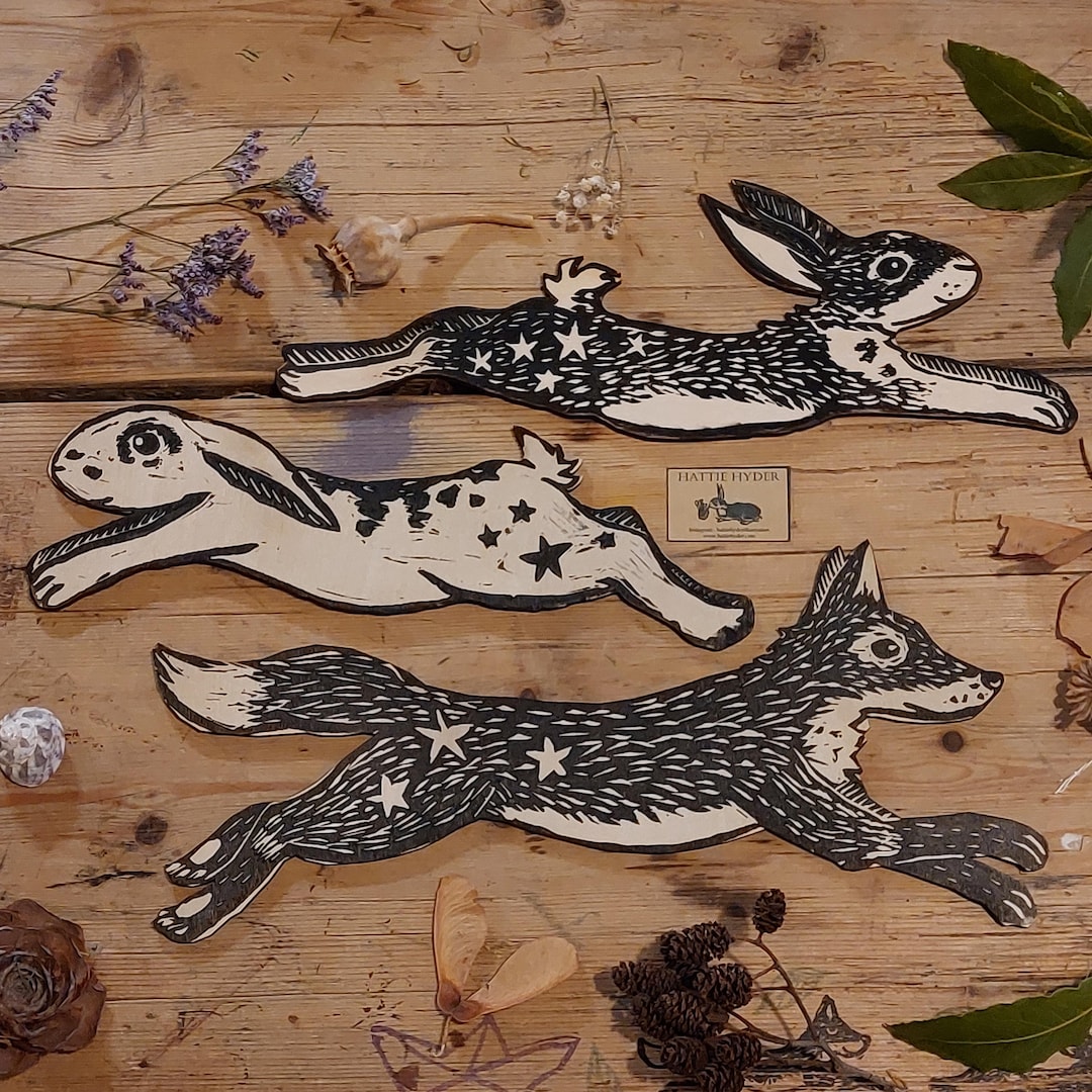 Handmade Linocut Print on Wood Rabbit, Hare, Fox, Wolf Decoration (NO ...