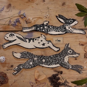 Handmade Linocut Print on Wood Rabbit, Hare, Fox, Wolf Decoration (NO ...