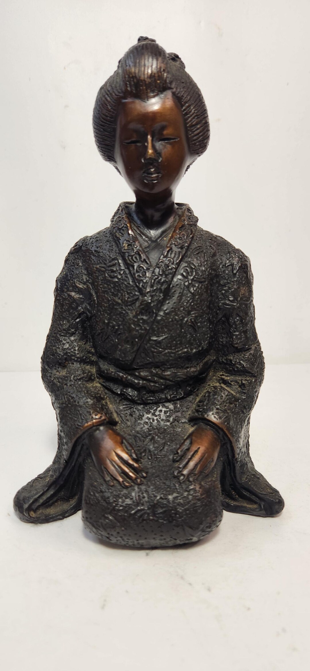 Vintage Asian Bronze Kneeling Geisha Figure of A Woman Traditional Garb ...