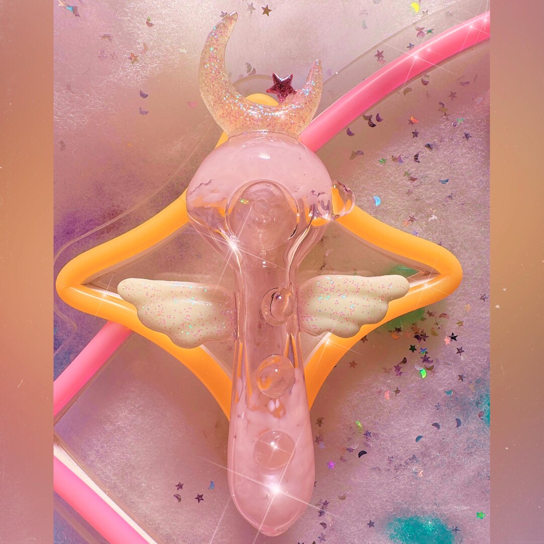 Large Pink Glitter Star Wing & Moon Glass Hand Pipe, Glitter Pipe, Cloud Pipe, Pink Hand Pipe ...