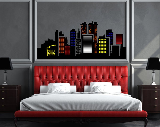 City Skyline Vibrant Colorful Building Light Removable Wall Window Art ...