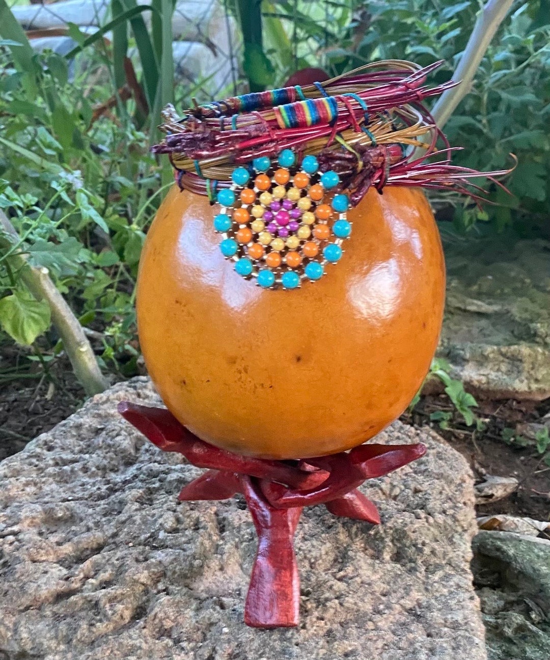 Pine Needle Gourd Art With Stand: Colorful Concho Decor - Etsy