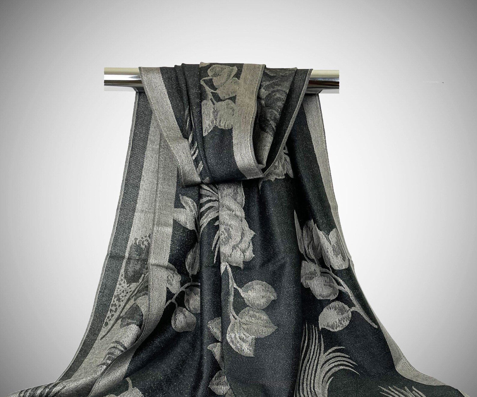 Floral Print Black Silver Gray Silk Pashmina Scarf Festival - Etsy