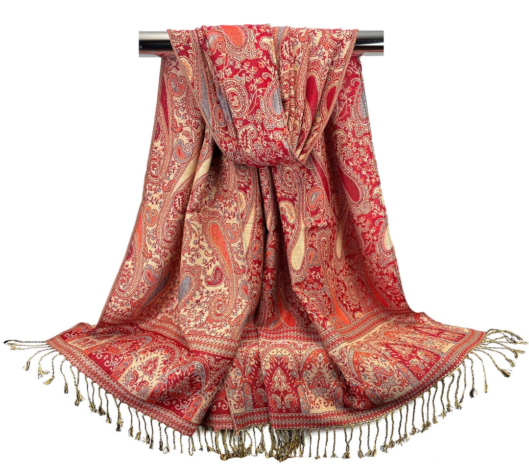 Vintage Style Red and Beige Paisley Scarves for Women | Festival Scarf ...