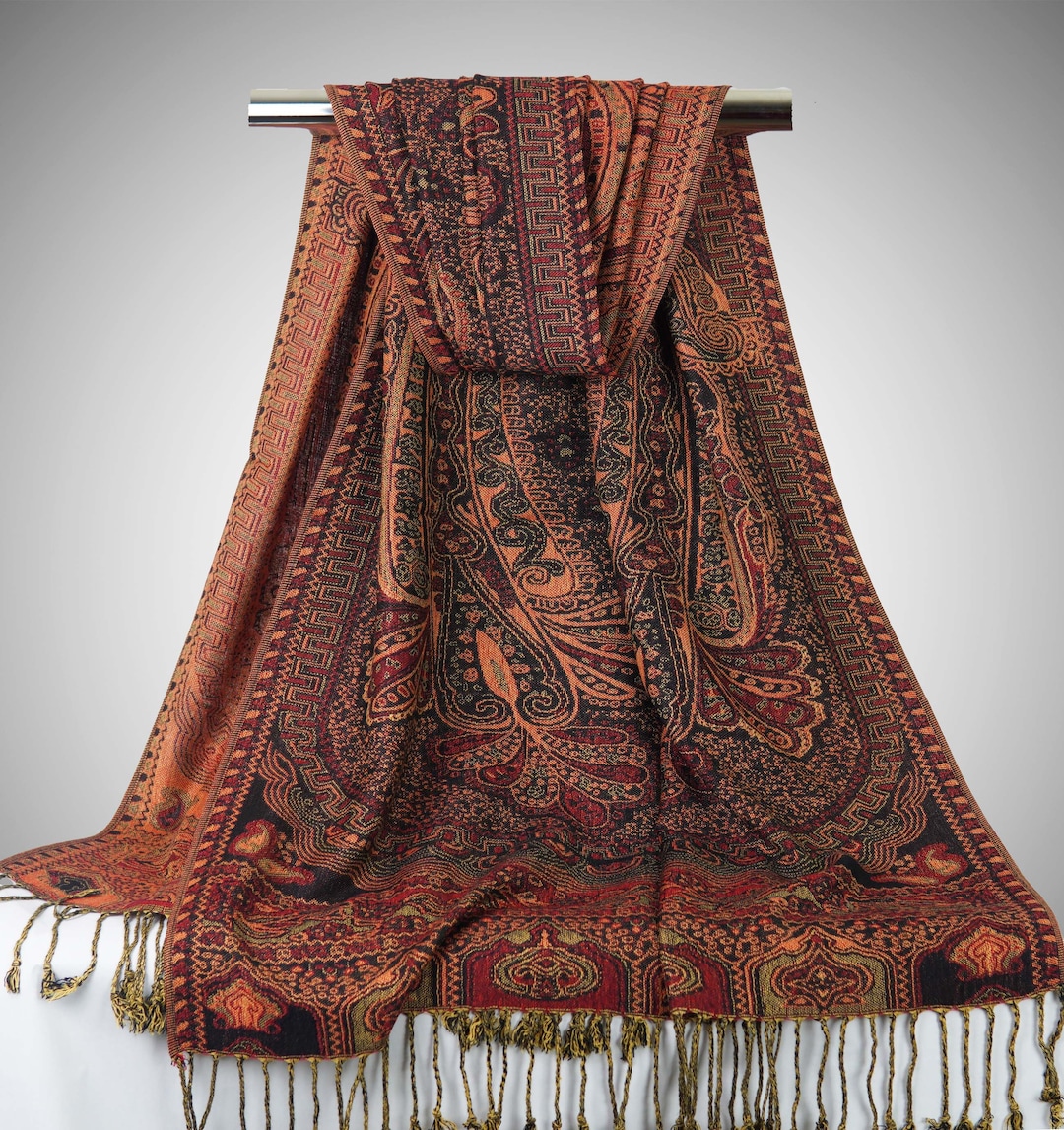 Bohemian Paisley Pashmina Scarf | Black Brown Pashmina Shawl for Women ...