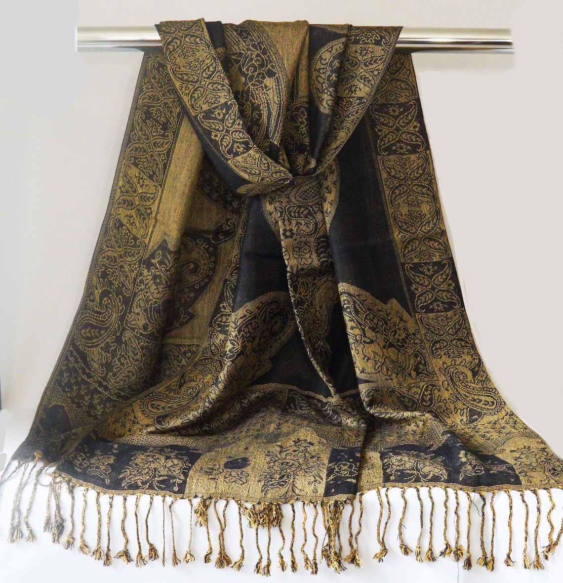 Golden Black Pashmina Scarf Women Indian Paisley Shawl | Etsy