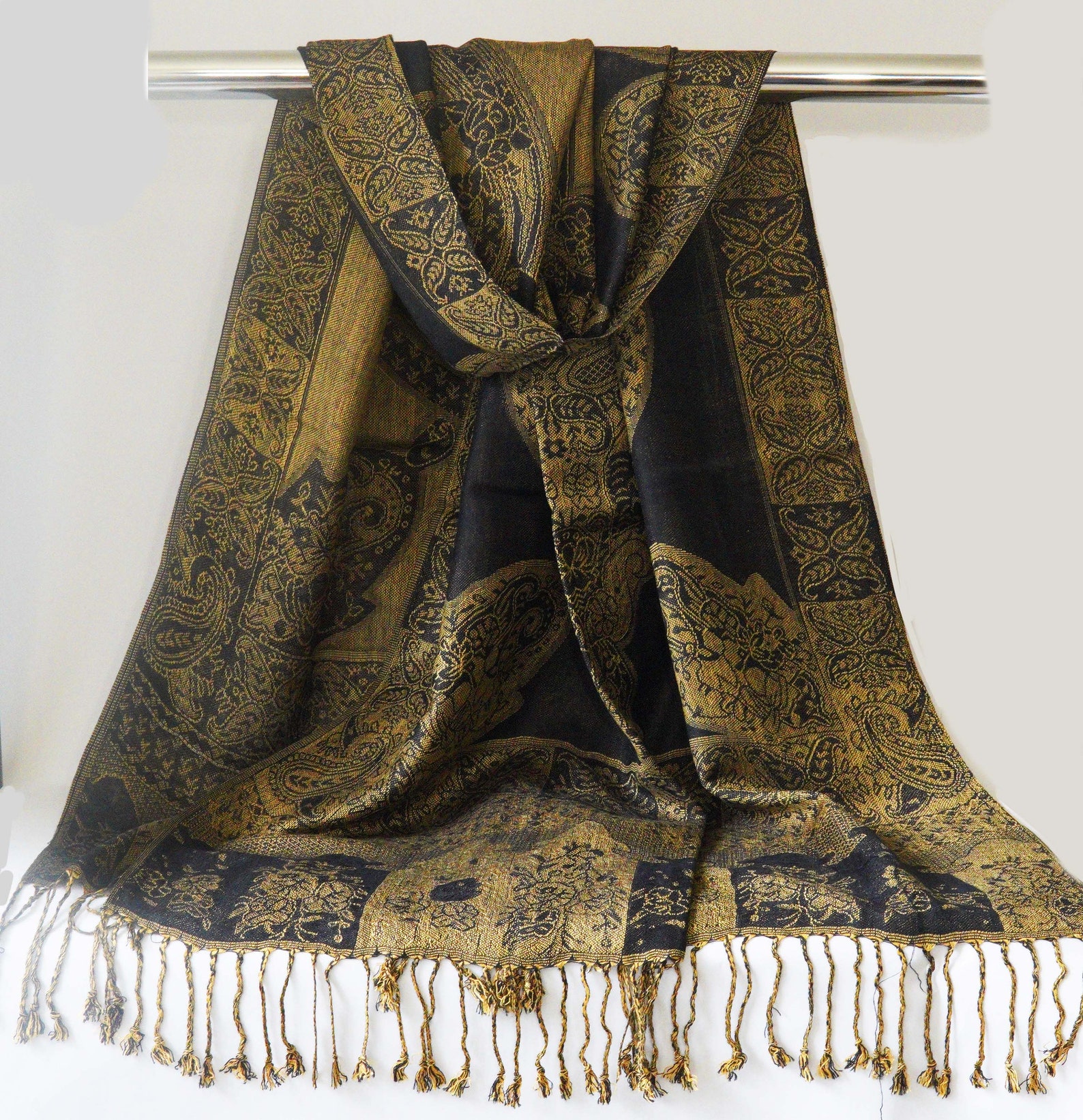 Golden Black Pashmina Scarf Women Indian Paisley Shawl - Etsy