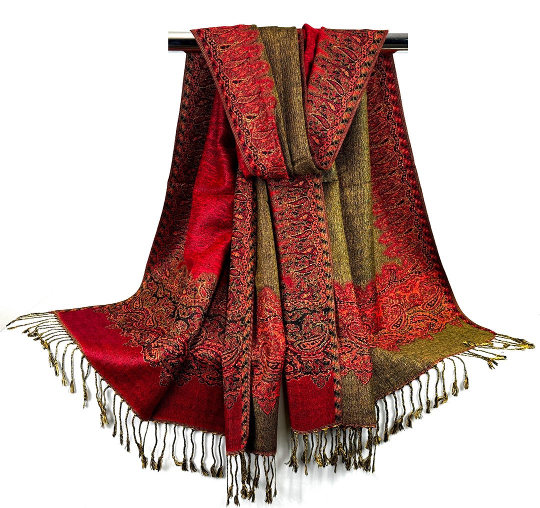 Pashmina Scarf | Shawl Wrap Red Gold Paisley Pashmina Scarf for Women ...