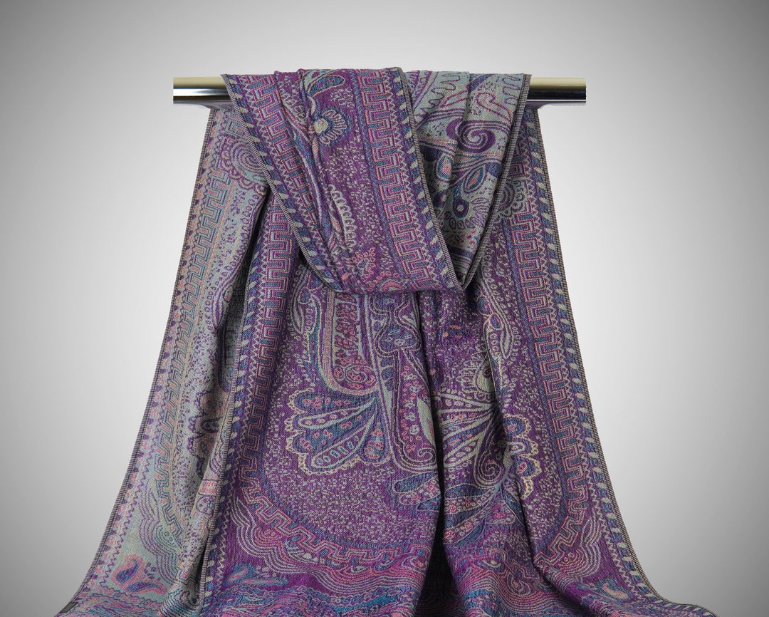 Reversible Pashmina Scarf | Purple & Gray Paisley Shawl | Lightweight ...