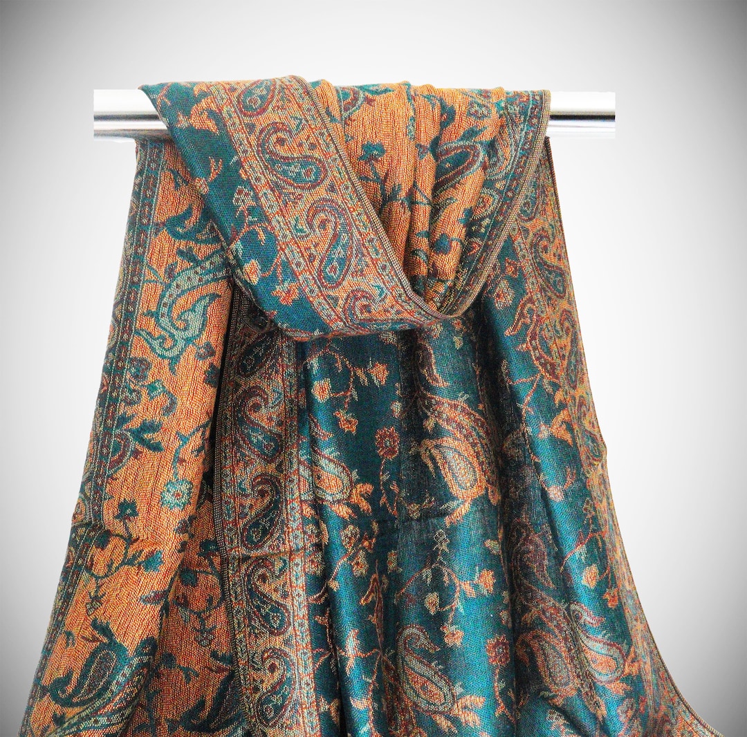 Festival Paisley Pashmina Scarf– Reversible Shawl in Dark Green ...