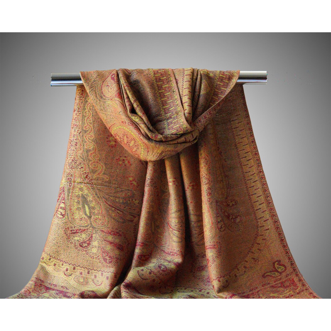 Indian Paisley Pashmina Scarf | Premium Brown Orange Silk Pashmina Warm ...