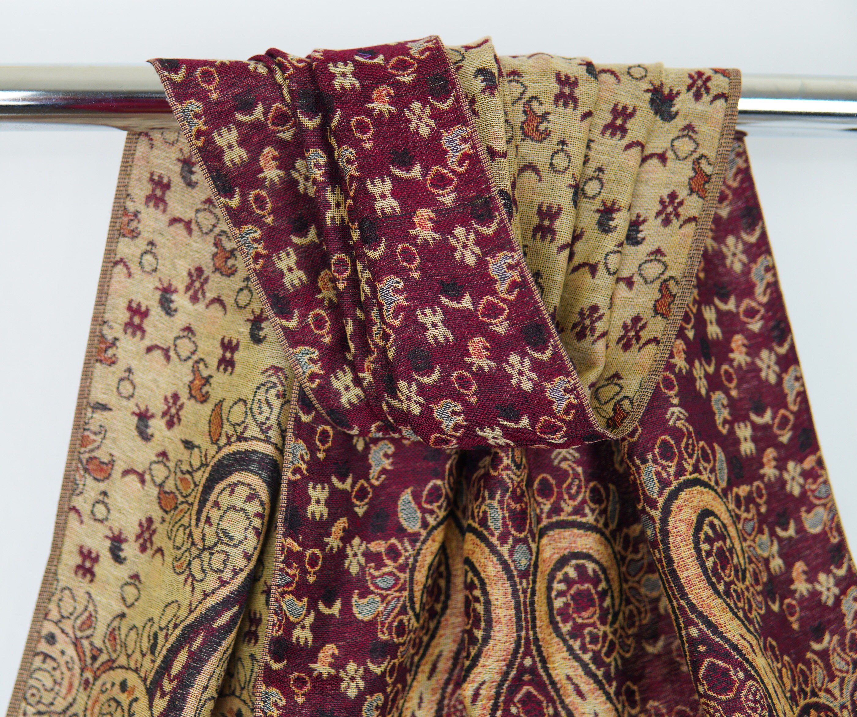 Classic Indian Paisley Pashmina Shawls Burgundy Beige | Etsy