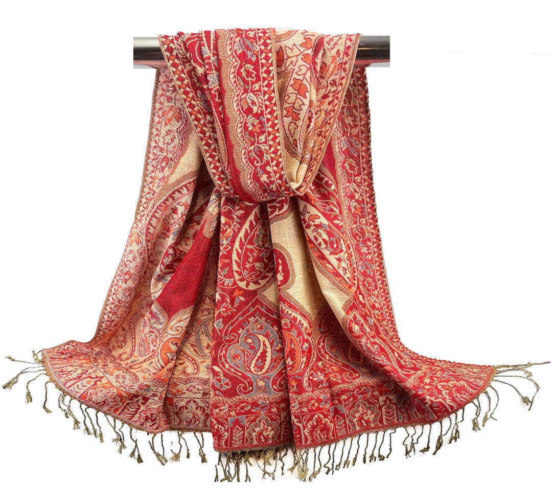 Red and Beige Paisley Pashmina Scarves | Festival Shawls & Wraps ...