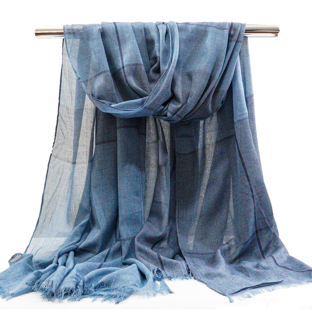 Oversized Summer Shawl Wrap – Lightweight Denim Blue Plaid Scarf, Beach ...