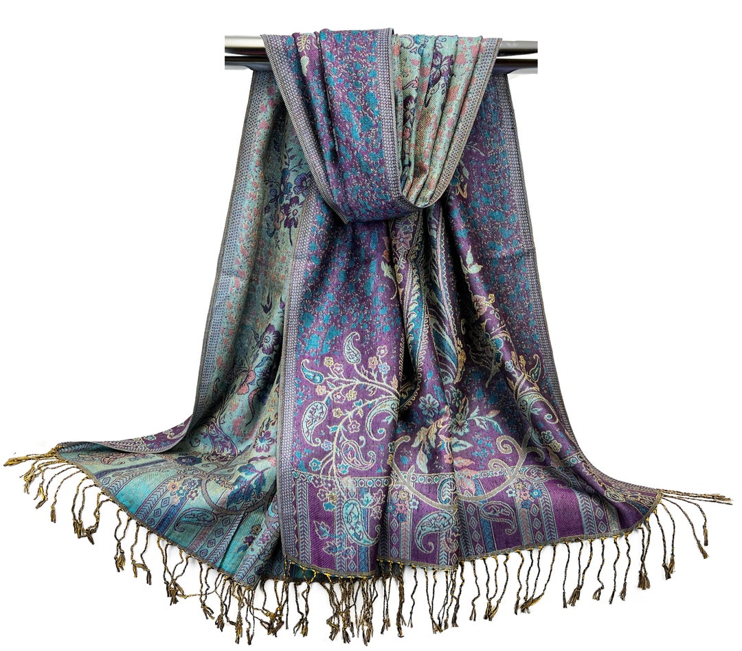 Reversible Floral Pashmina Scarf – Purple & Teal Blue Shawl | Festival ...