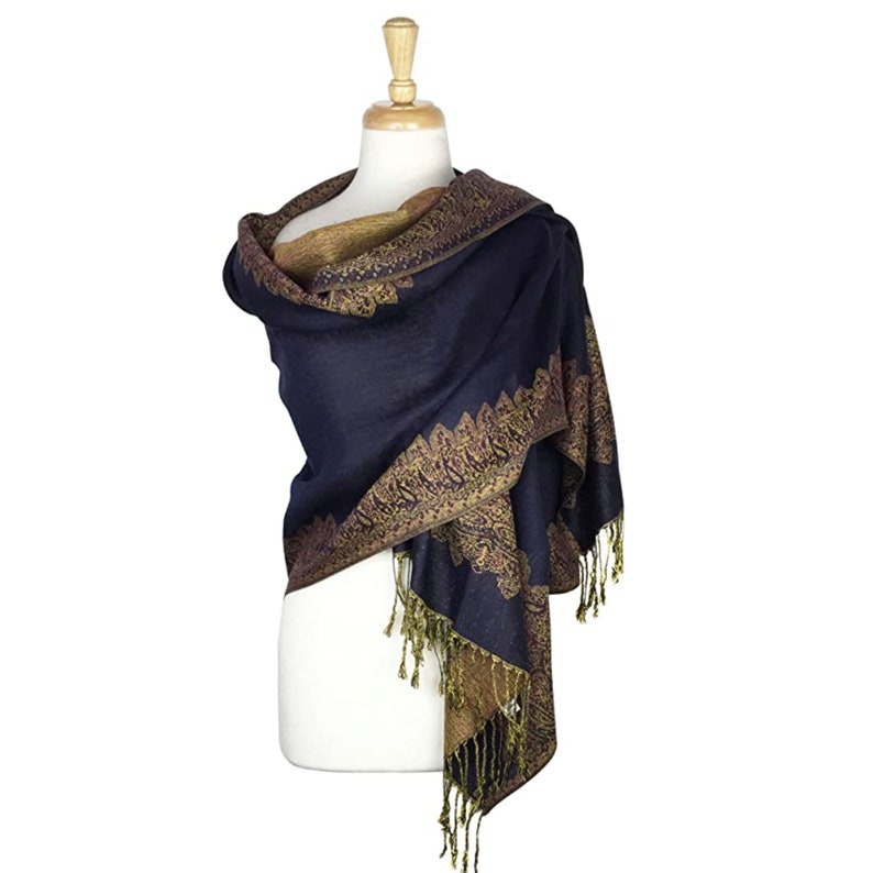 Pashmina Scarf Shawl Dark Navy Women Head Wraps Border Paisley Light ...