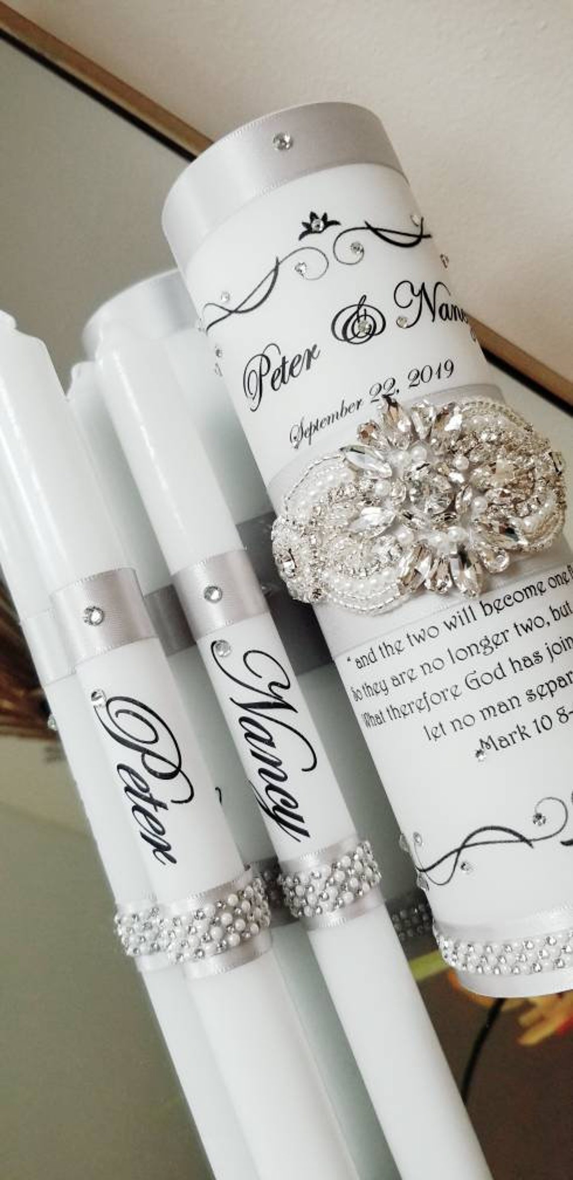 Wedding Personalized Unity Candles White and Silver | Etsy