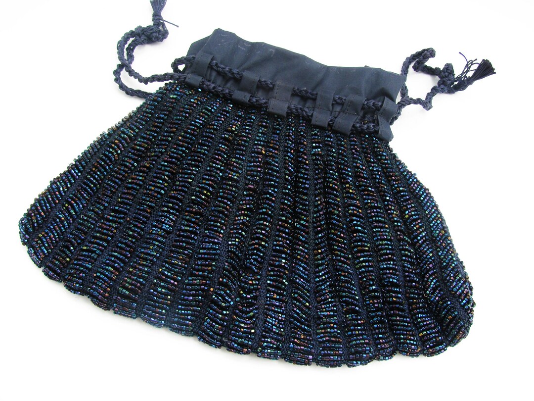 Vintage 1930s Navy Blue Drawstring Bag With Knitted Rows of Cascading ...