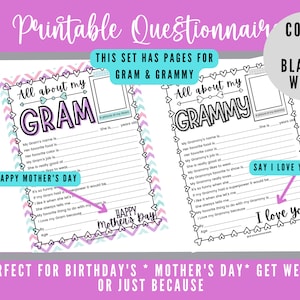 All About My Gram/grammy Questionnaire, Printable Mother's Day Gift ...