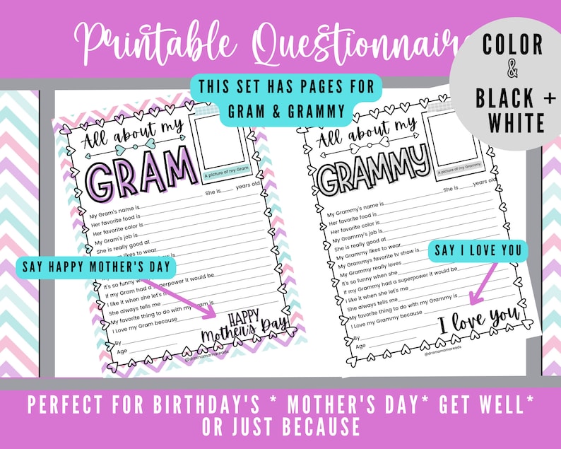All About My Gram/grammy Questionnaire, Printable Mother's Day Gift ...