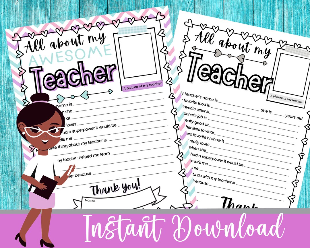 Teacher Appreciation Printable, Teacher Appreciation Gift, All About My ...