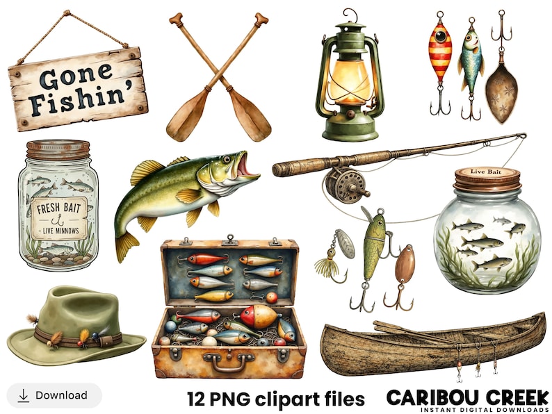 Fishing Clipart Bundle Rustic 12 Pngs Vintage Fishing Gear Lures Rod ...