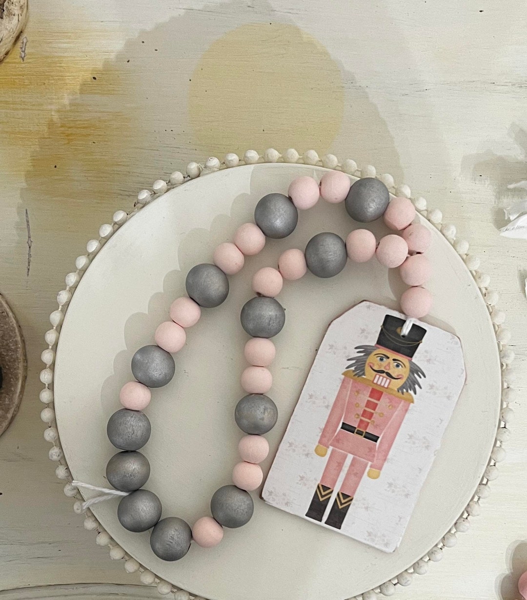 PINK NUTCRACKER Wood Bead Garland / Christmas Farmhouse Beads ...
