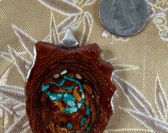 Wooden Pendant With Turquoise Inlay and 18 Carat Gold Chips. Turquoise ...