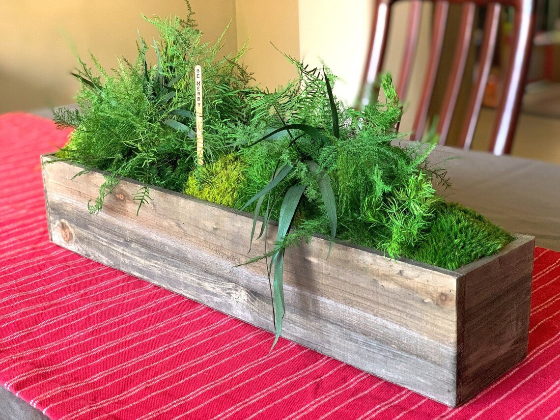 Large Wooden Planter Box With Preserved Moss and Ferns No | Etsy