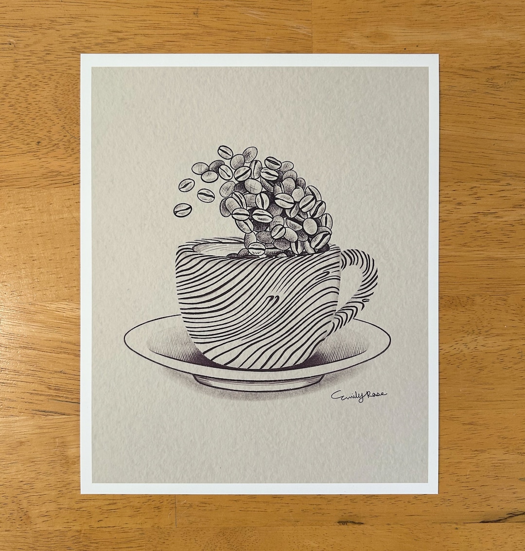 Coffee Bean Waves Drawing, Coffee Cup Drawing Art, Coffee Art Print ...