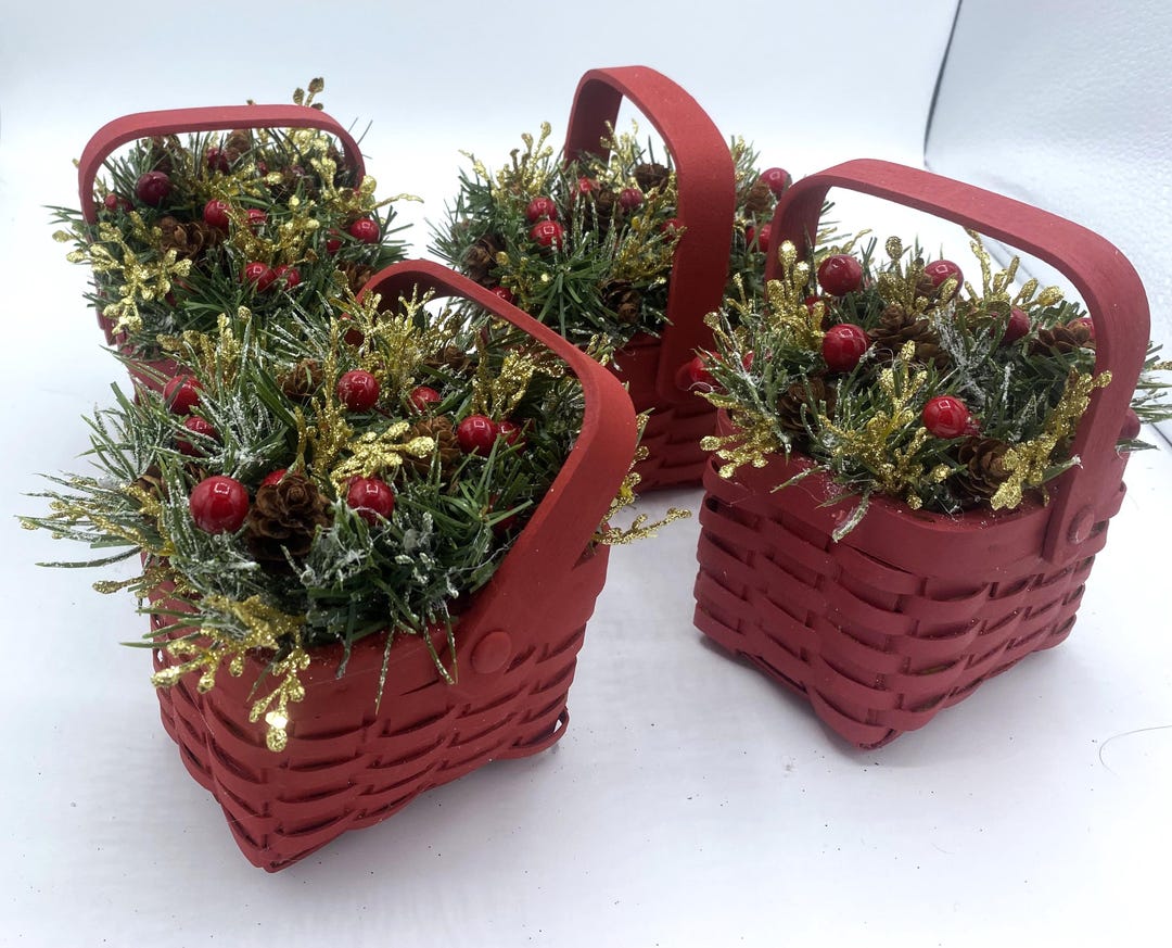 Red Christmas Baskets With Flowers, Christmas Table Decor, Small ...