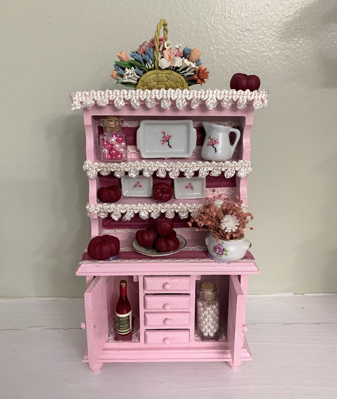 1:12 Scale Pink Dollhouse Hutch, Custom Doll Hutch, Country Dollhouse ...