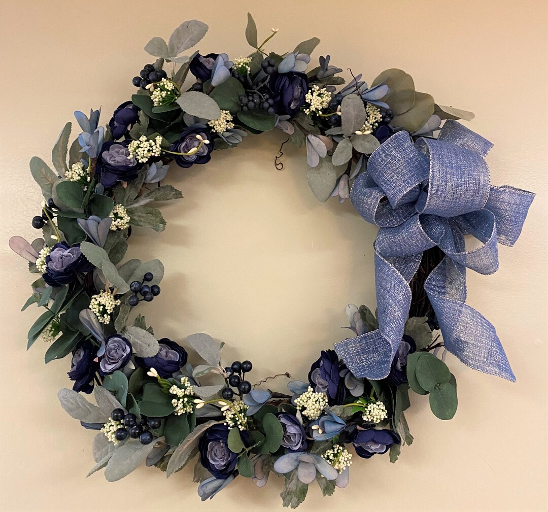 18 Inch Wreath With Blue Flowers, Spring Wreath for Door, Farmhouse ...