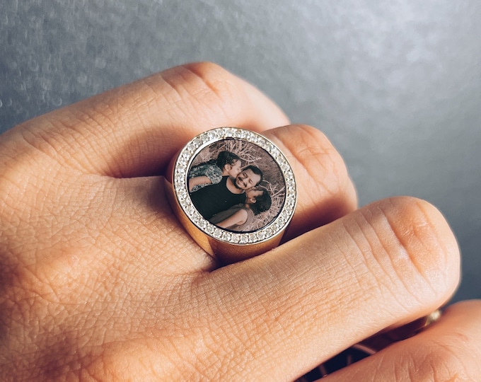 Photo Ring for Men Round Design With Diamonds 0.48ct 10K/14K/18K Solid ...